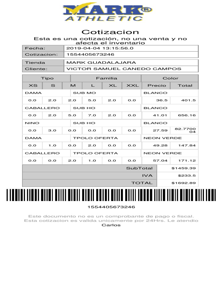 Cotizacion de Playeras Mark Ejemplo | PDF