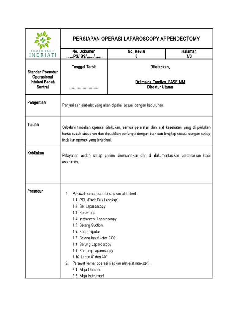 SPO Persiapan Operasi Laparoscopy Appendectomy | PDF