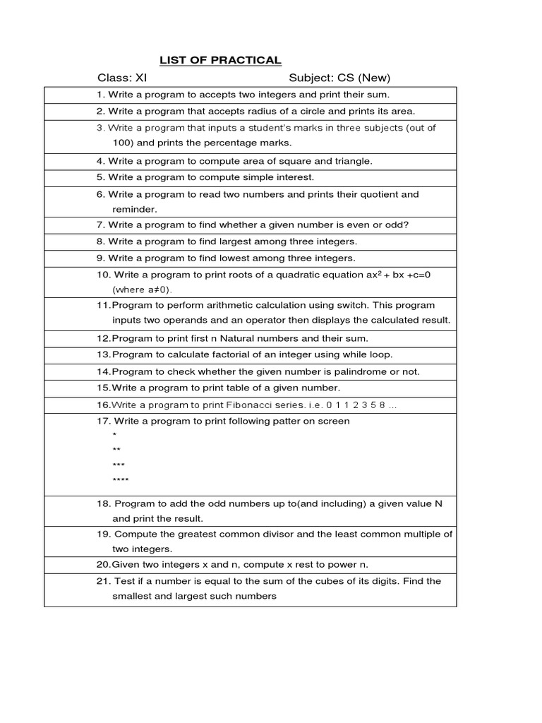 Class Xi Cs (New) List of Practical | PDF | Numbers | Integer