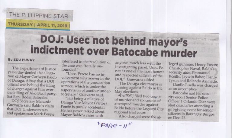 Philippine Star, Apr. 11, 2019, DOJ Usec Not Behind Mayors Indictment ...