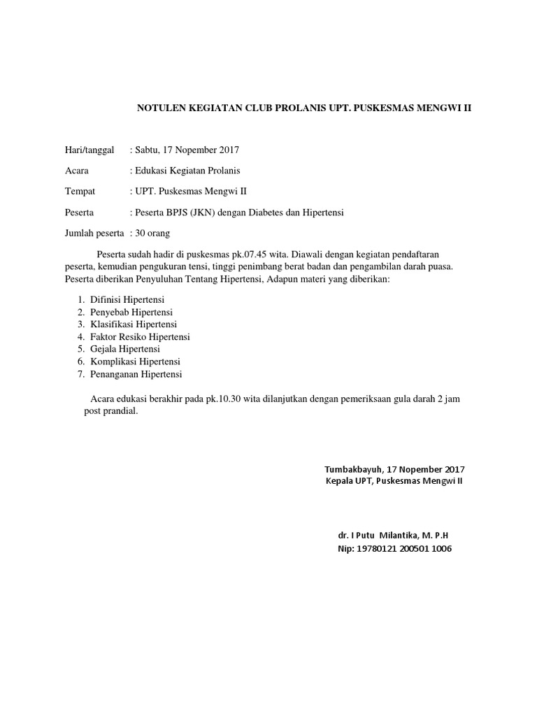 Notulen Kegiatan Club Prolanis Upt | PDF