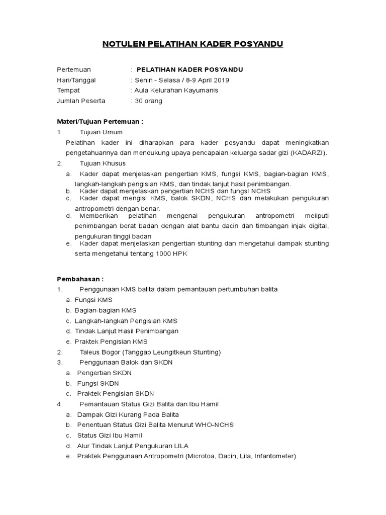 Notulen Pelatihan Kader Posyandu | PDF Notulen Pelatihan Kader Posyandu | PDF
