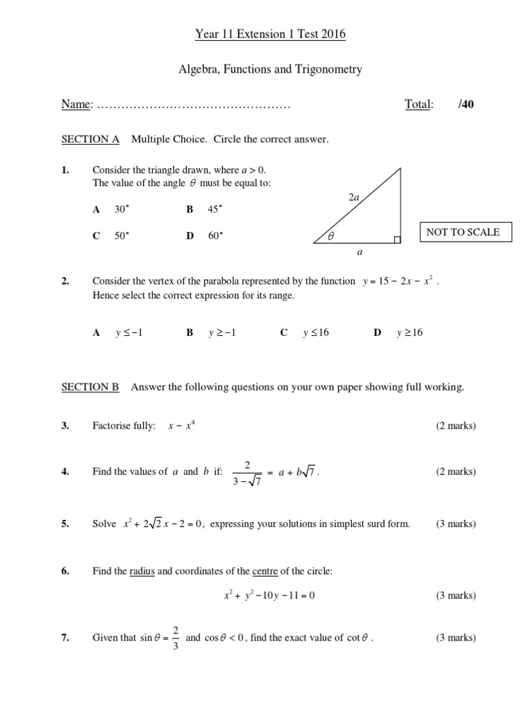 Year 11 Extension 1 Test 2016: SECTION A Multiple Choice. Circle The ...