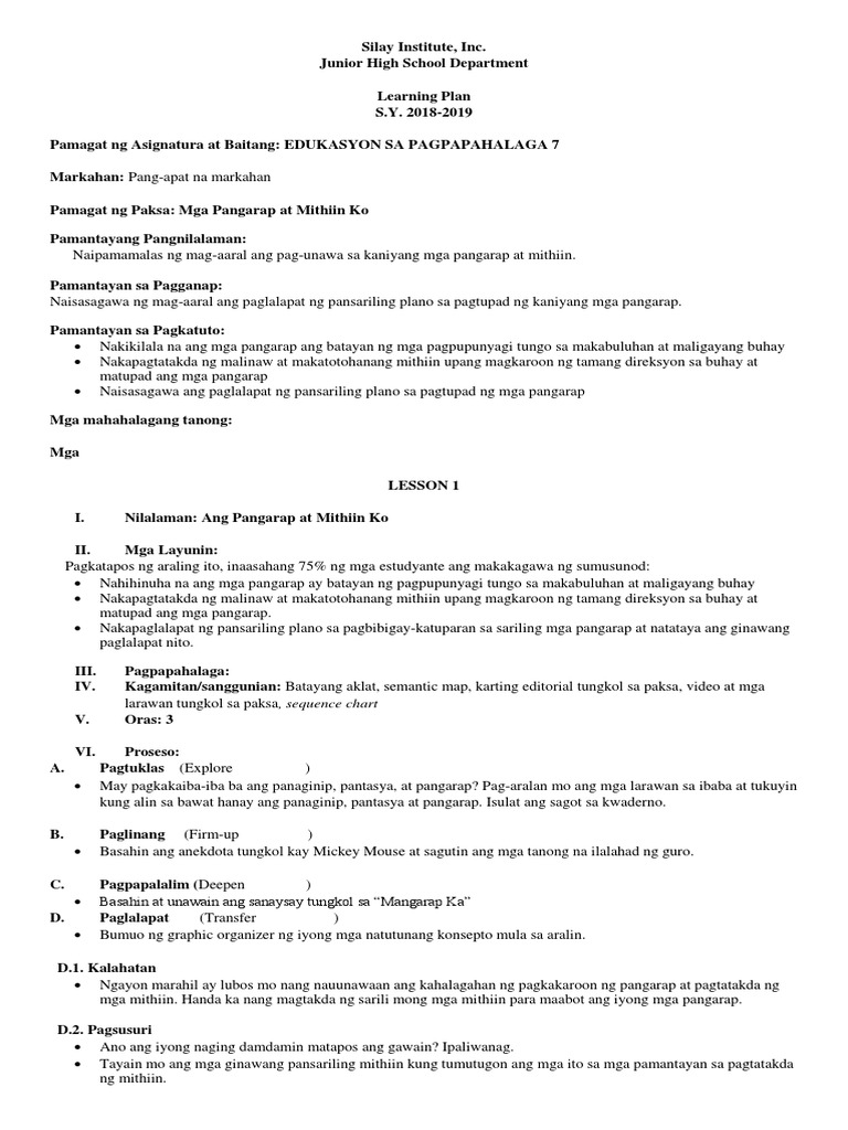 Grade 7 Lesson Plan Esp 7 Pdf