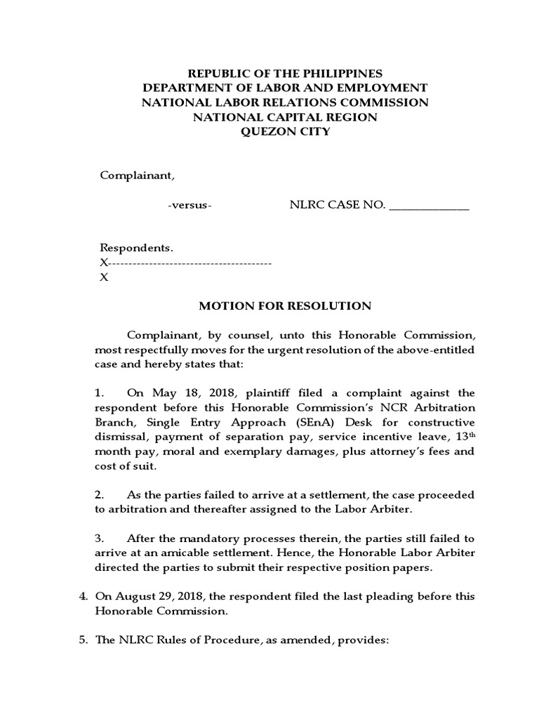 Motion To Resolve AGNESE CASE | PDF | Arbitration | Civil Law (Common Law)