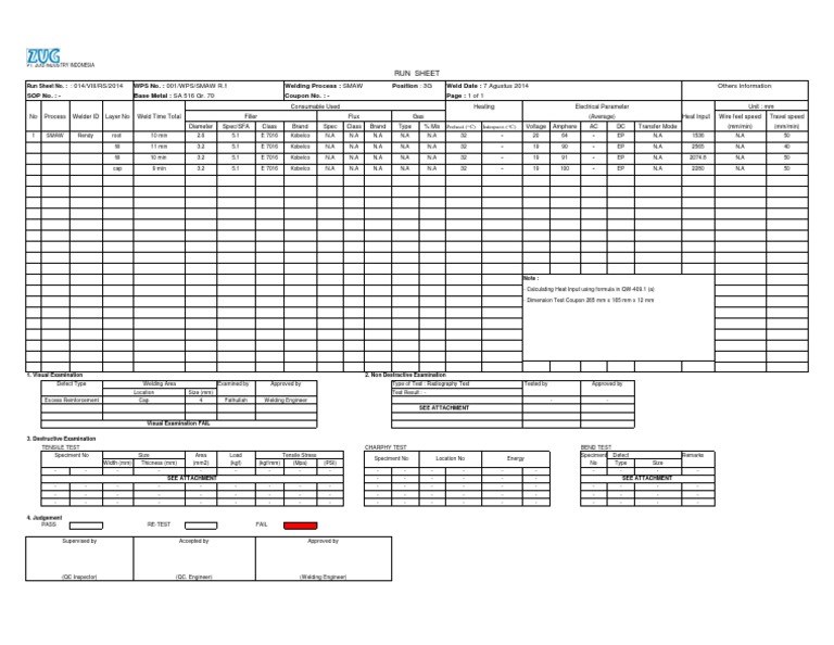 PT. ZUG INDUSTRY INDONESIA RUN SHEET | PDF | Welding | Construction