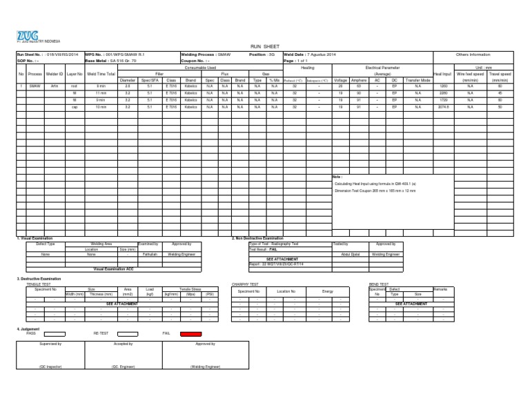 RS 017 August 2014 (Welder Test Run Sheet Yudistira) | PDF | Welding ...