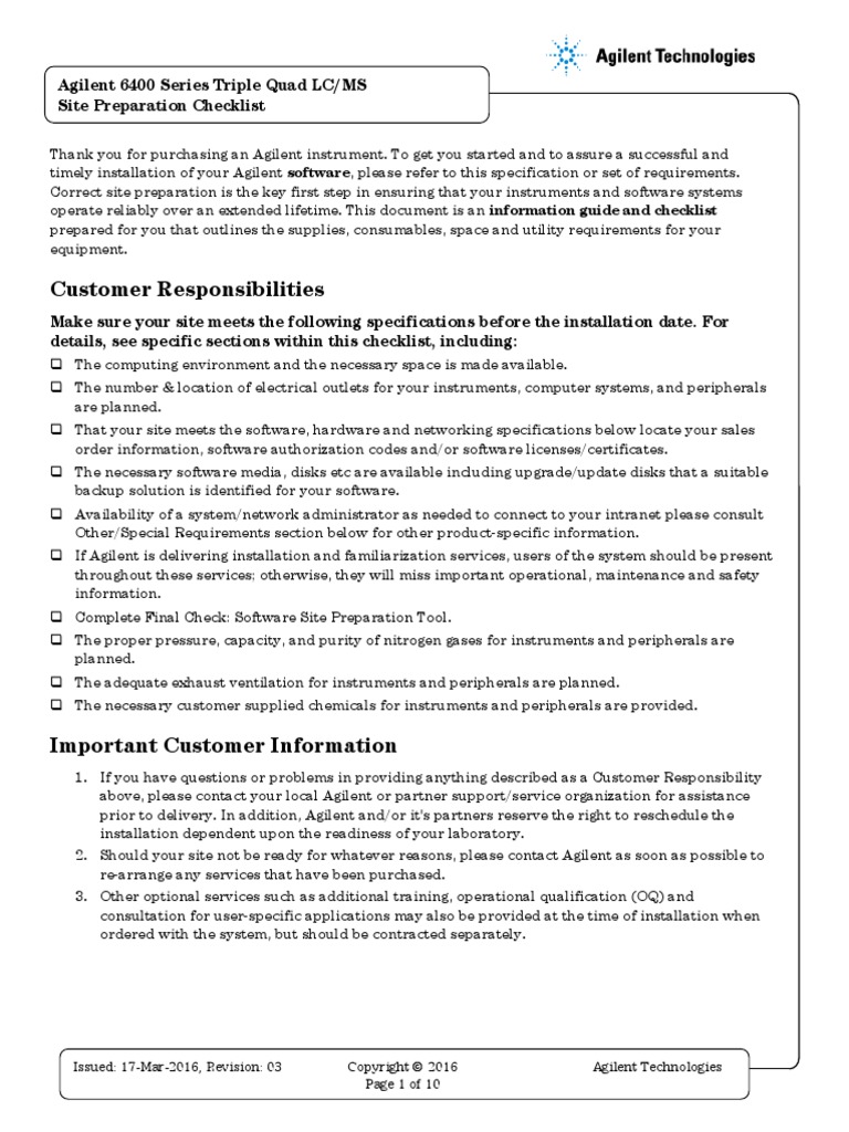 G6400 LCMS Site Preparation Checklist | PDF | Liquid Chromatography ...