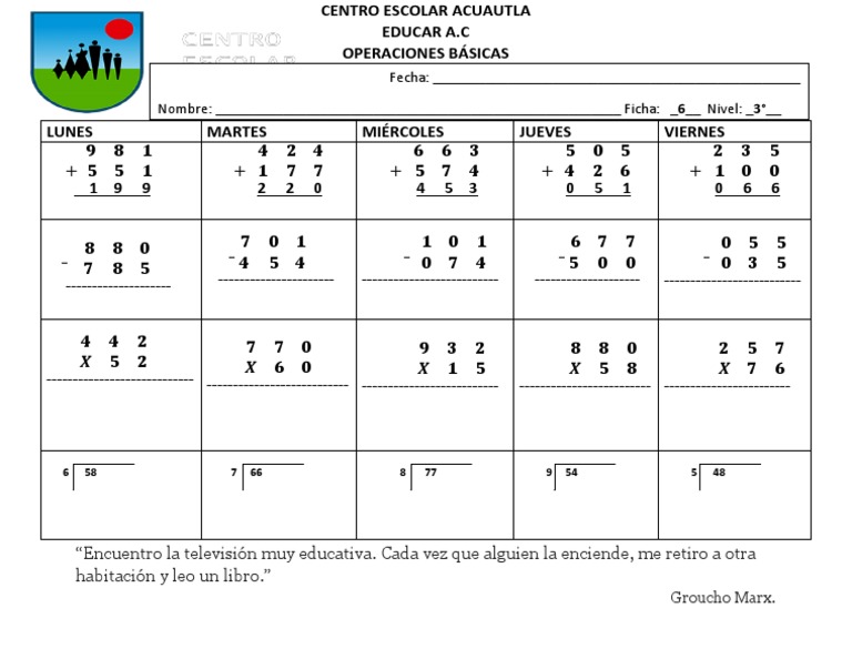 Hojas De Trabajo De Orden De Operaciones Con Respuestas Para Tercer Grado