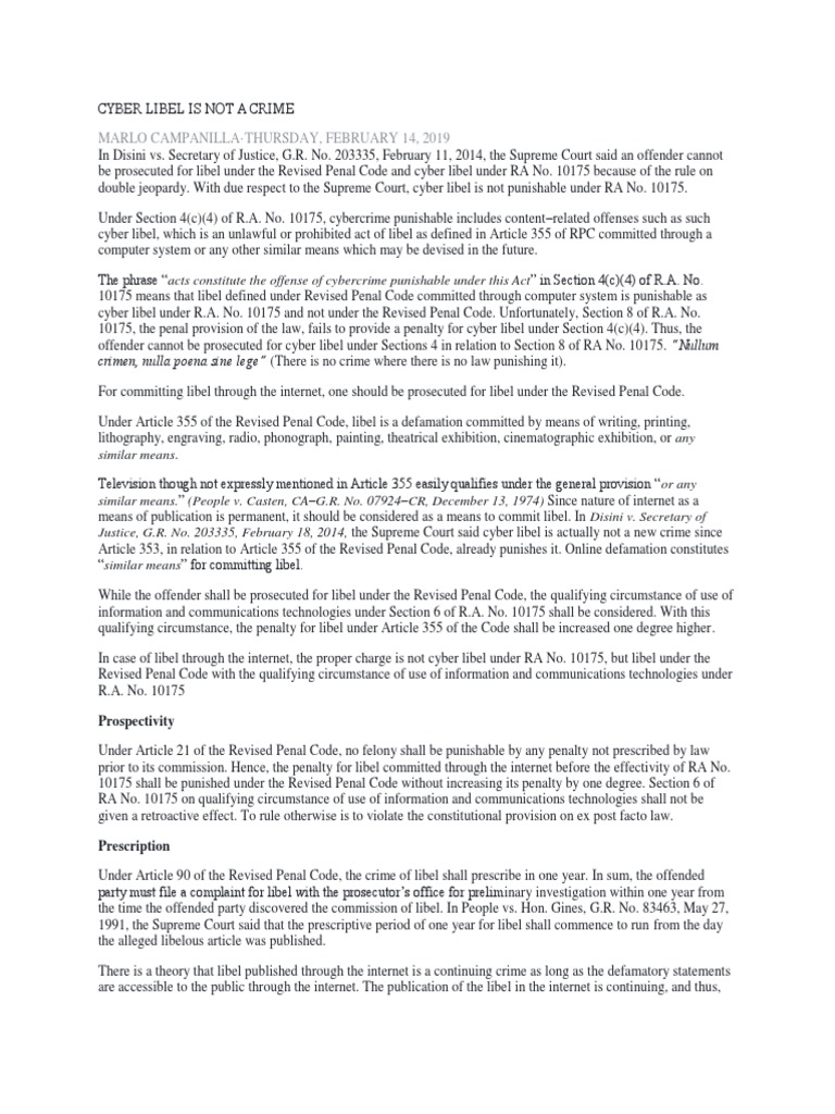 Cyber Libel Is Not A Crime | PDF | Defamation | Ex Post Facto Law