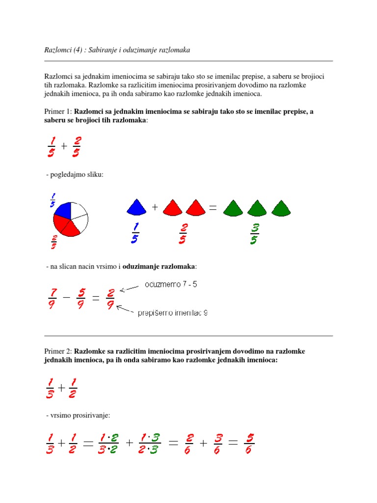 Razlomci (4) - Sabiranje I Oduzimanje Razlomaka | PDF