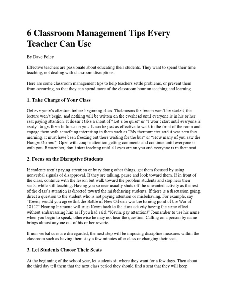 6 Essential Classroom Management Tips | PDF | Classroom Management ...