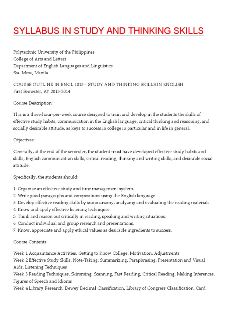 Study and Thinking Skills - Syllabus | PDF | Reading (Process) | Reason