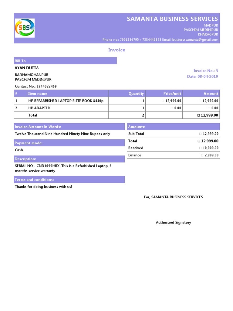 Invoice for HP Refurbished Laptop Sale | PDF