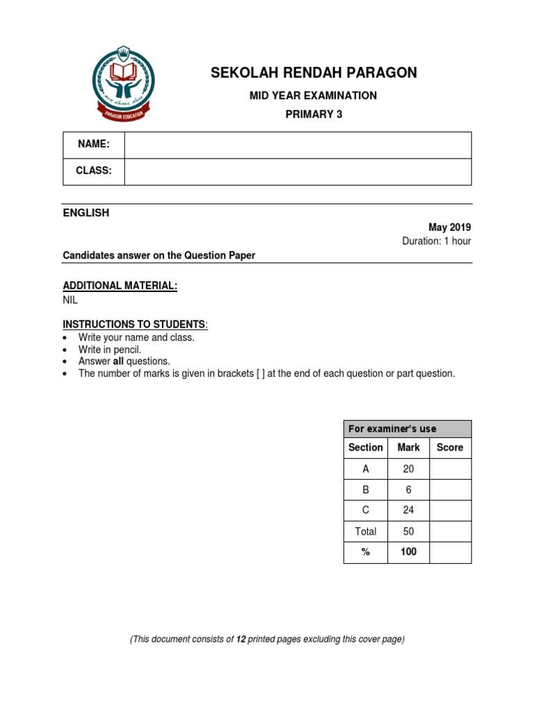Sekolah Rendah Paragon: Mid Year Examination Primary 3 | PDF | Test ...