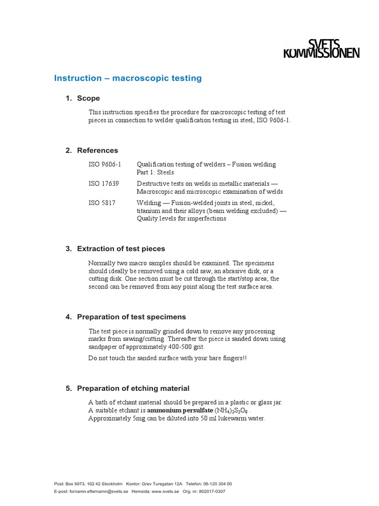 Instruction - Macroscopic Testing: 1. Scope | PDF | Welding | Construction