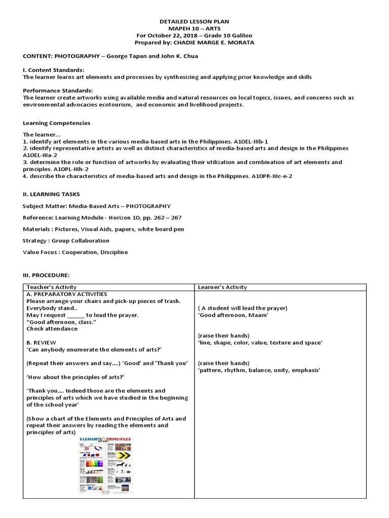 Detailed Lesson Plan Grade 10 ARTS Photography | Behavior Modification ...