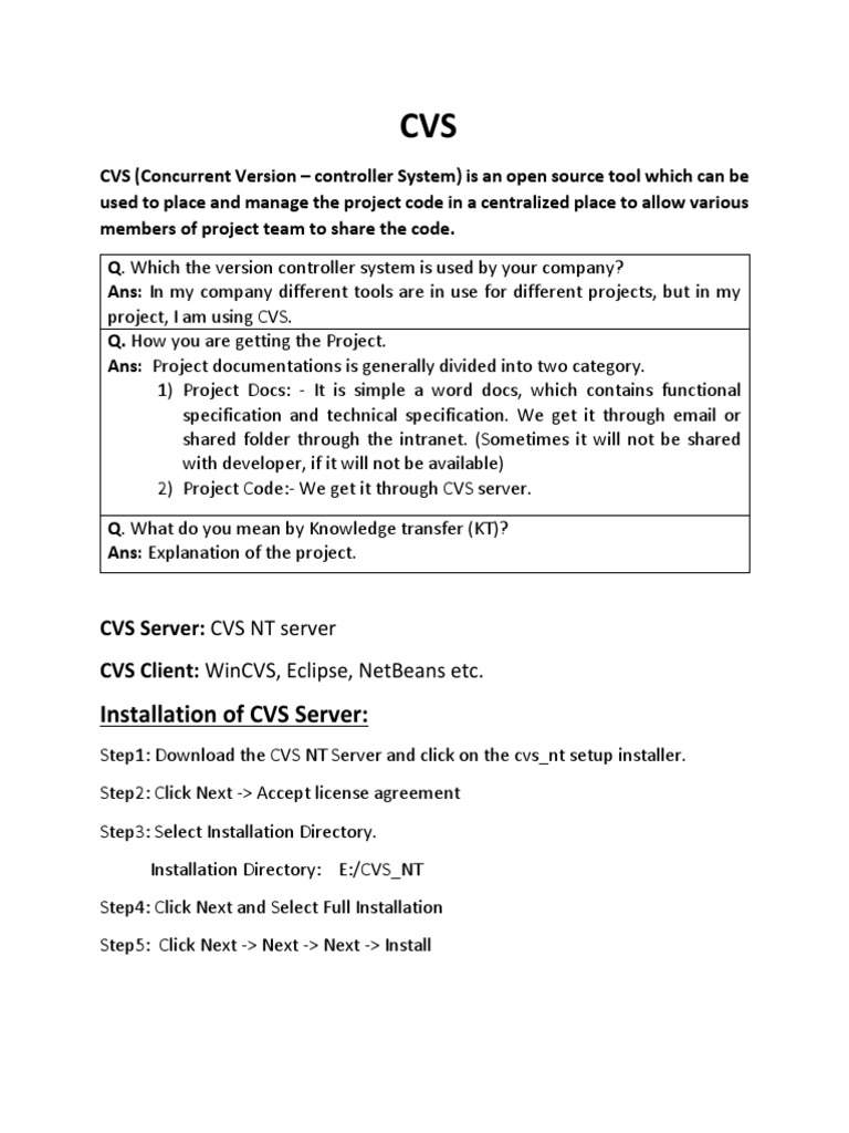 Installation Of Cvs Server Cvs Server Cvs Nt Server Cvs Client Wincvs Eclipse Netbeans Etc 