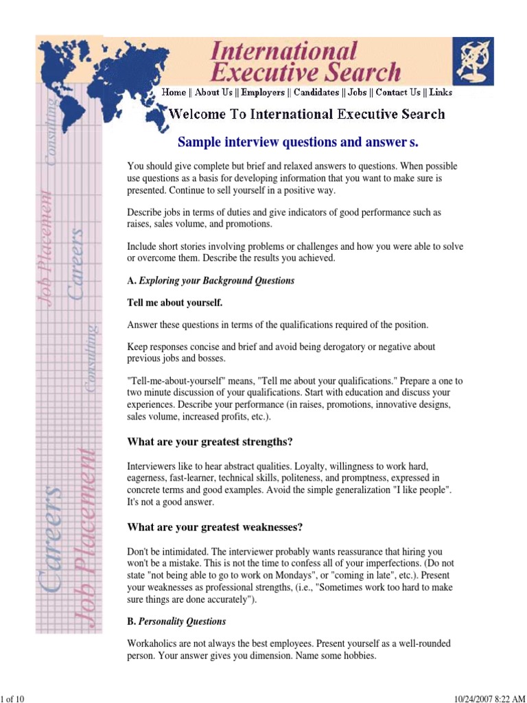 Sample Interview Questions and Answer S.: A. Exploring Your Background ...