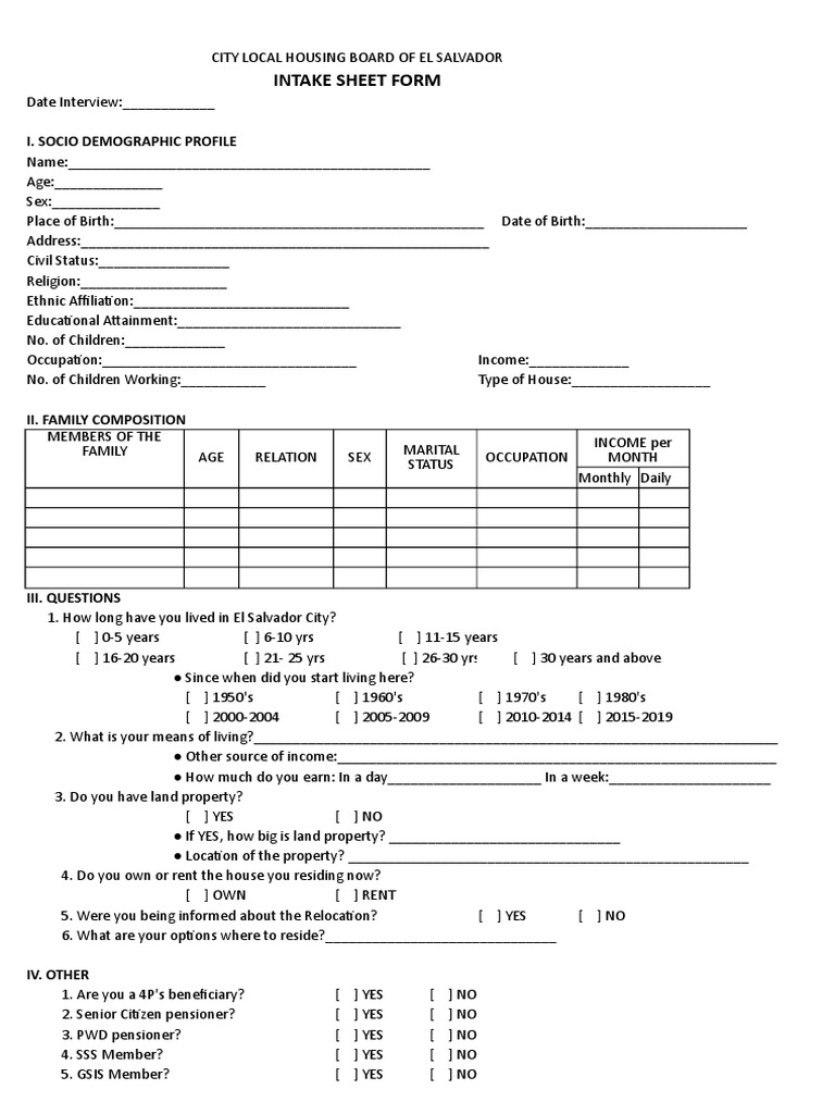 Intake Sheet Form: I. Socio Demographic Profile | PDF