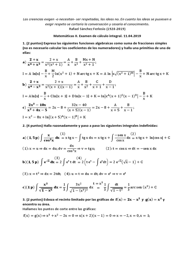 Examen de Cálculo Integral 2019 | PDF