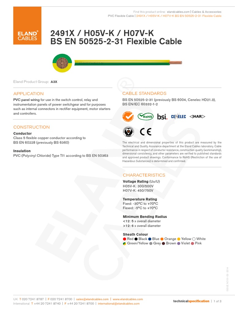 2491x h05v K h07v K Bs en 50525 2 31 Flexible Cable | PDF | Equipment ...
