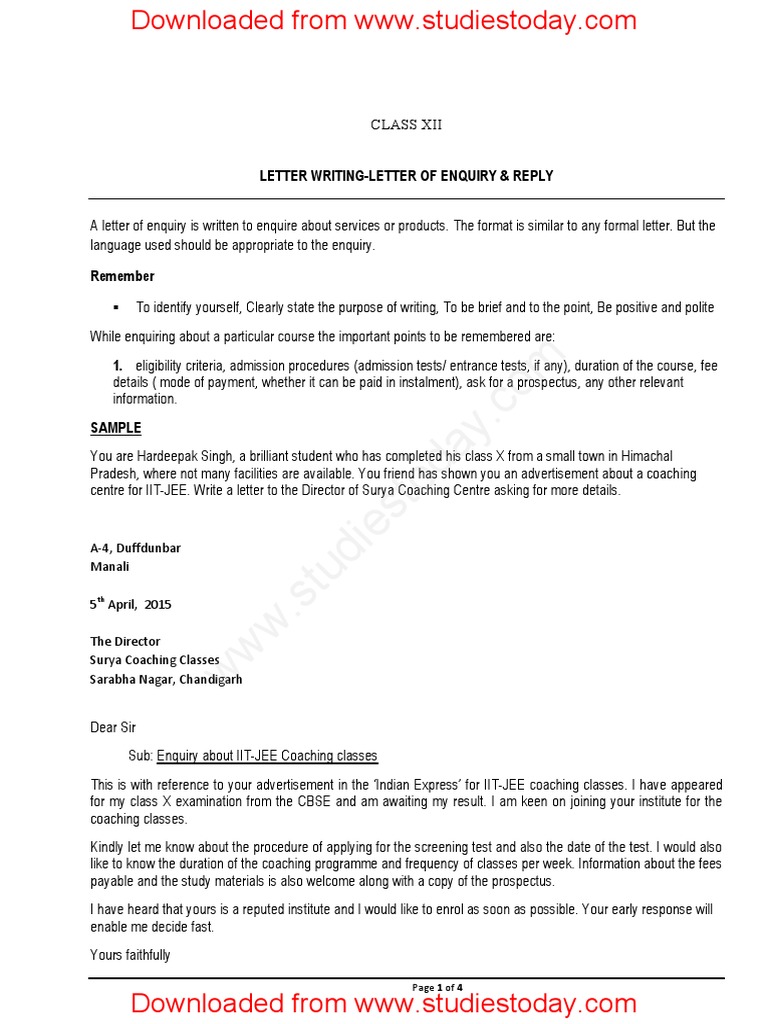 CBSE Class 12 English Letter Writing-Letter of Enquiry and Reply | PDF ...