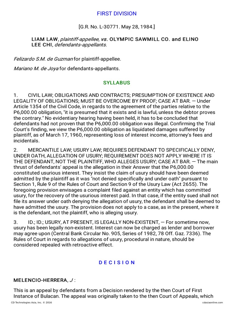 Liam Law vs. Olympic Sawmill Co. | PDF | Usury | Lawsuit
