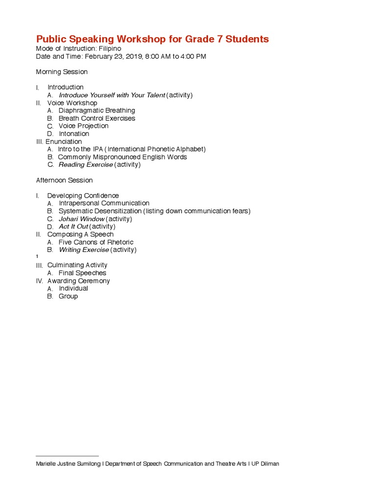 Public Speaking Workshop Syllabus | PDF