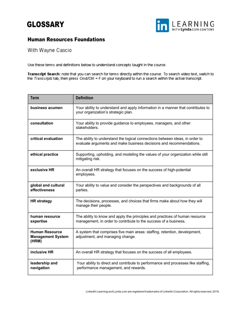 Glossary: Human Resources Foundations With Wayne Cascio | PDF | Human ...