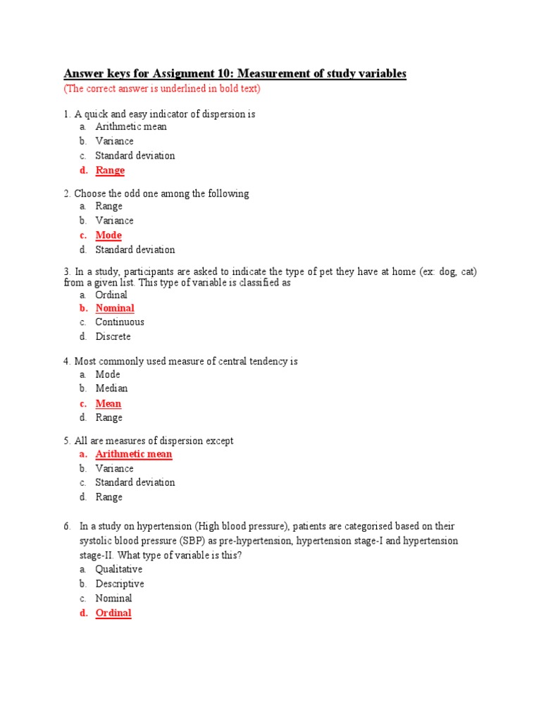 Answer Keys For Assignment 10: Measurement of Study Variables | PDF ...
