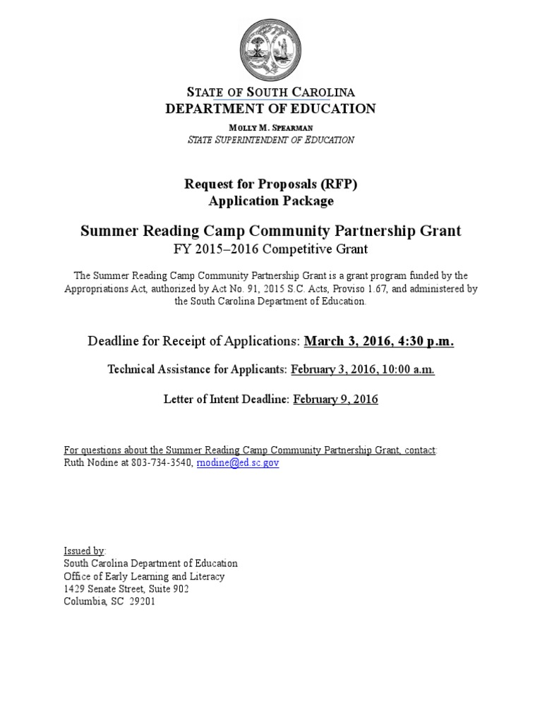 Summer Reading Camp Community Partnership Grant: S S C Department of ...