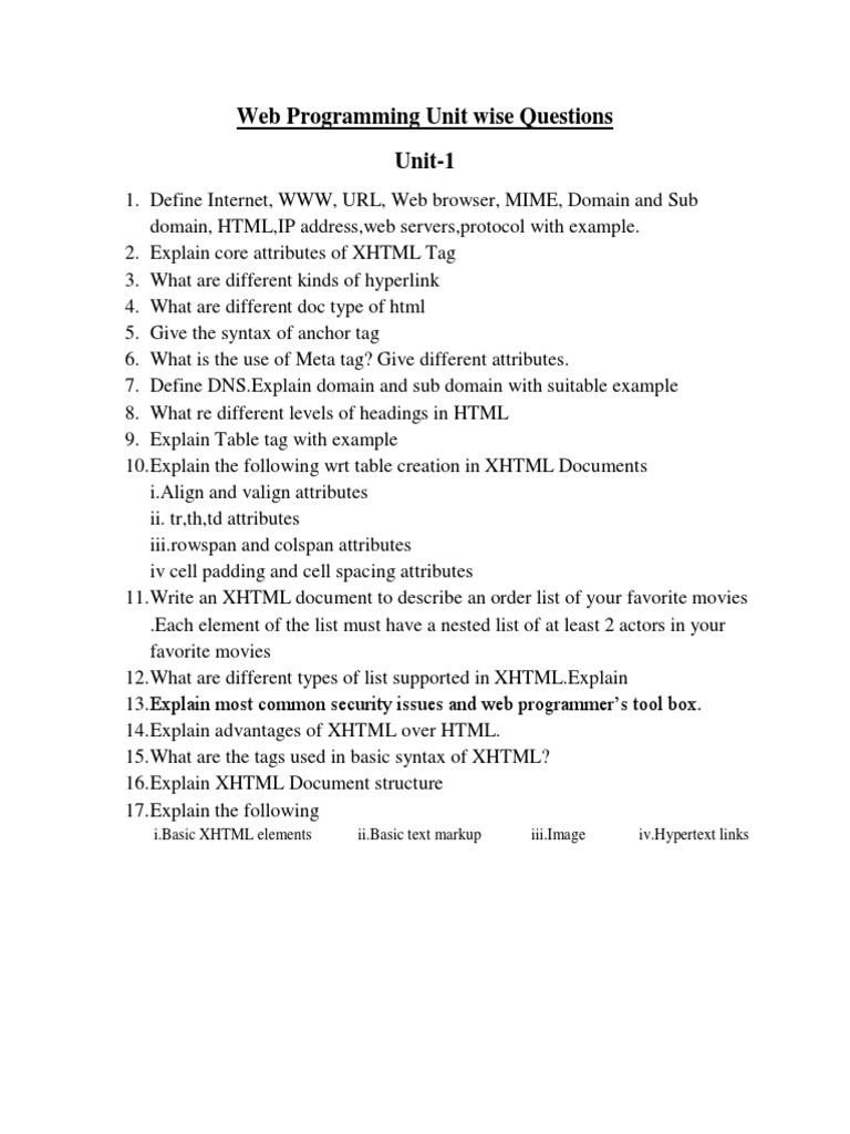 Web Programming Unit Wise Questions Unit-1 | PDF | Html | Html Element