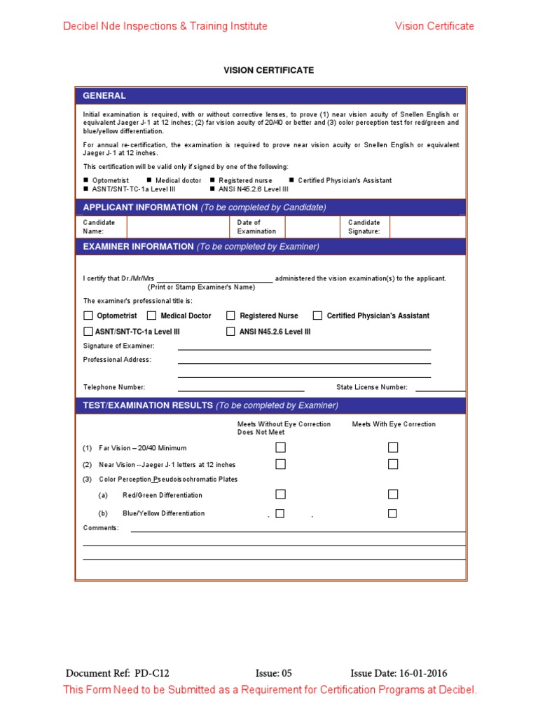 Vision Certificate Format | PDF | Optometry | Visual Perception