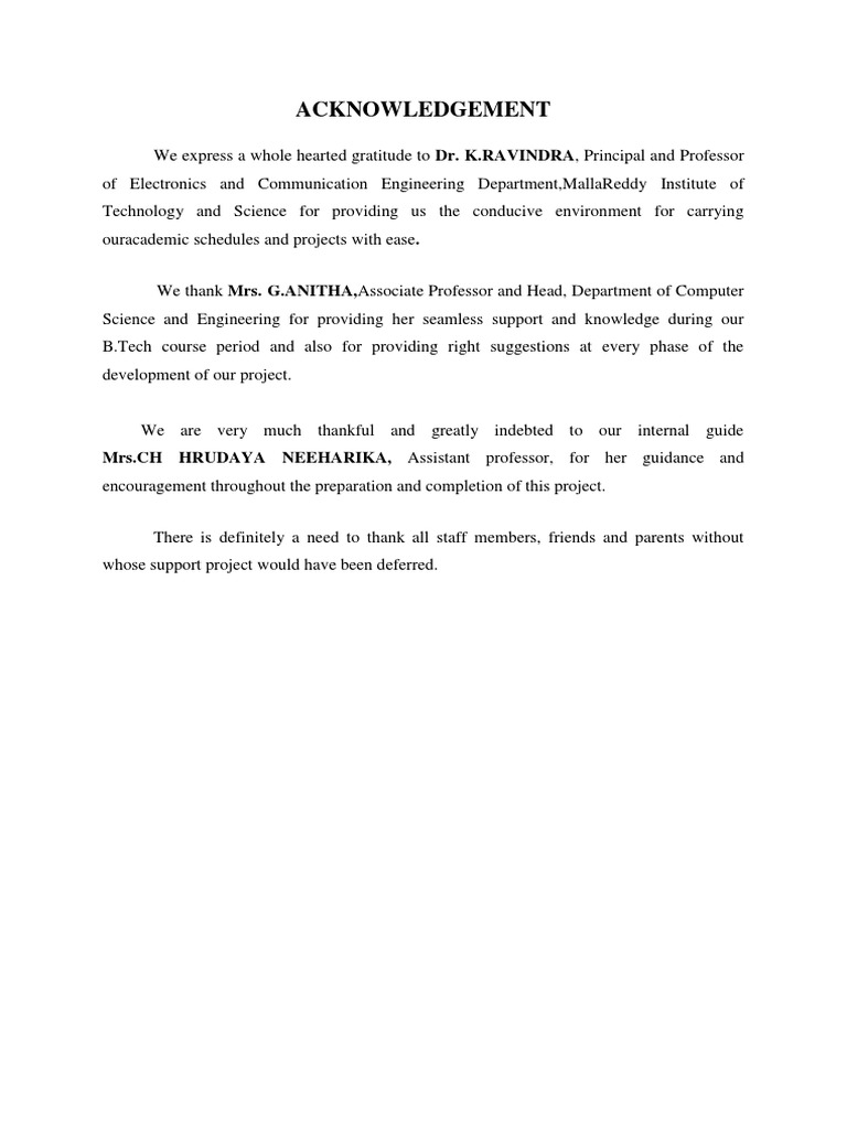 Acknowledgement: Mrs - CH HRUDAYA NEEHARIKA, Assistant Professor, For Her Guidance and | PDF