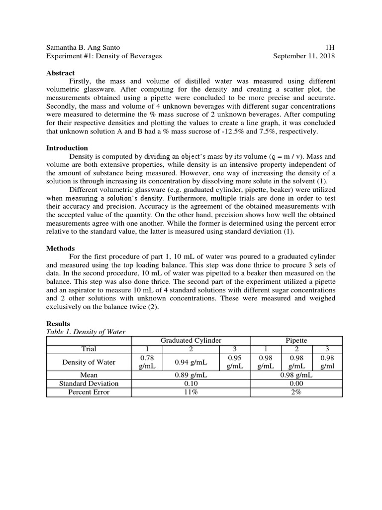 Table 1. Density of Water | PDF | Density | Accuracy And Precision