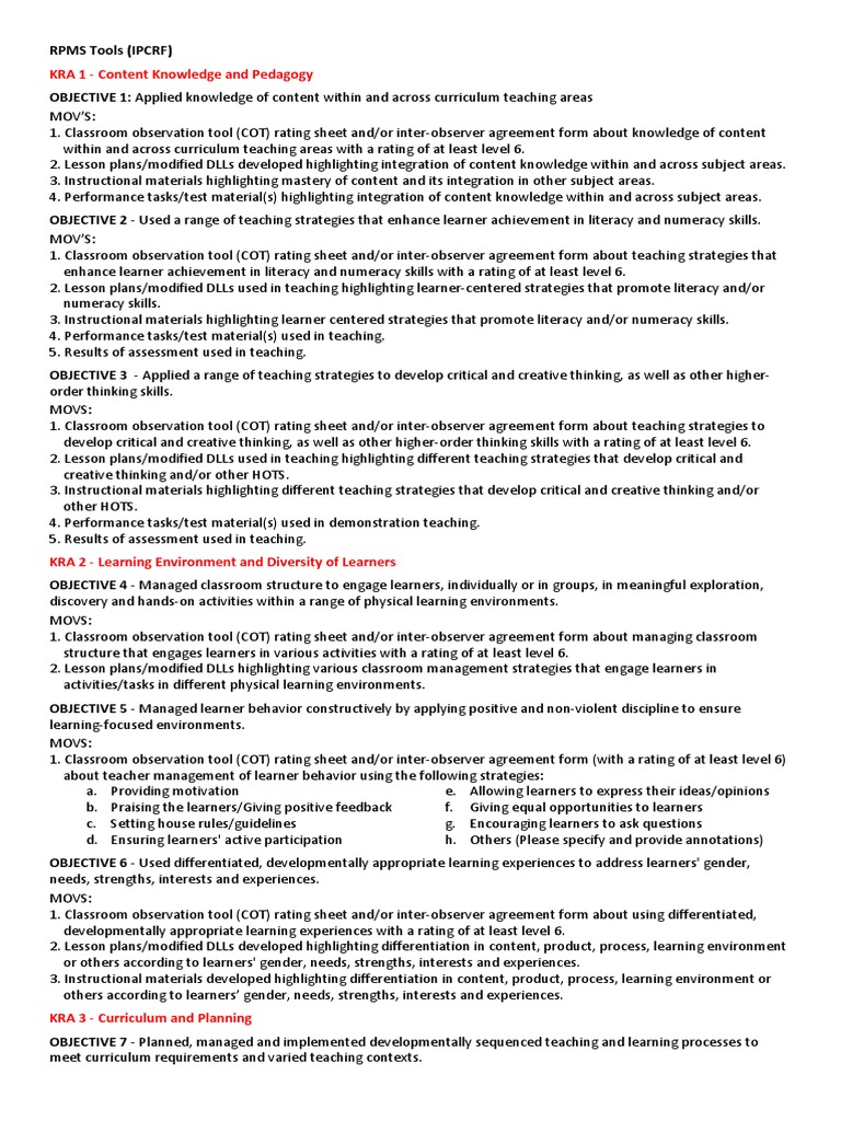 RPMS Tools KRAs | PDF | Lesson Plan | Learning