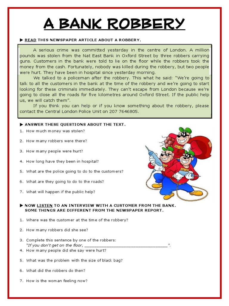 A Bank Robbery Reading Comprehension Exercises Sentence Transform ...