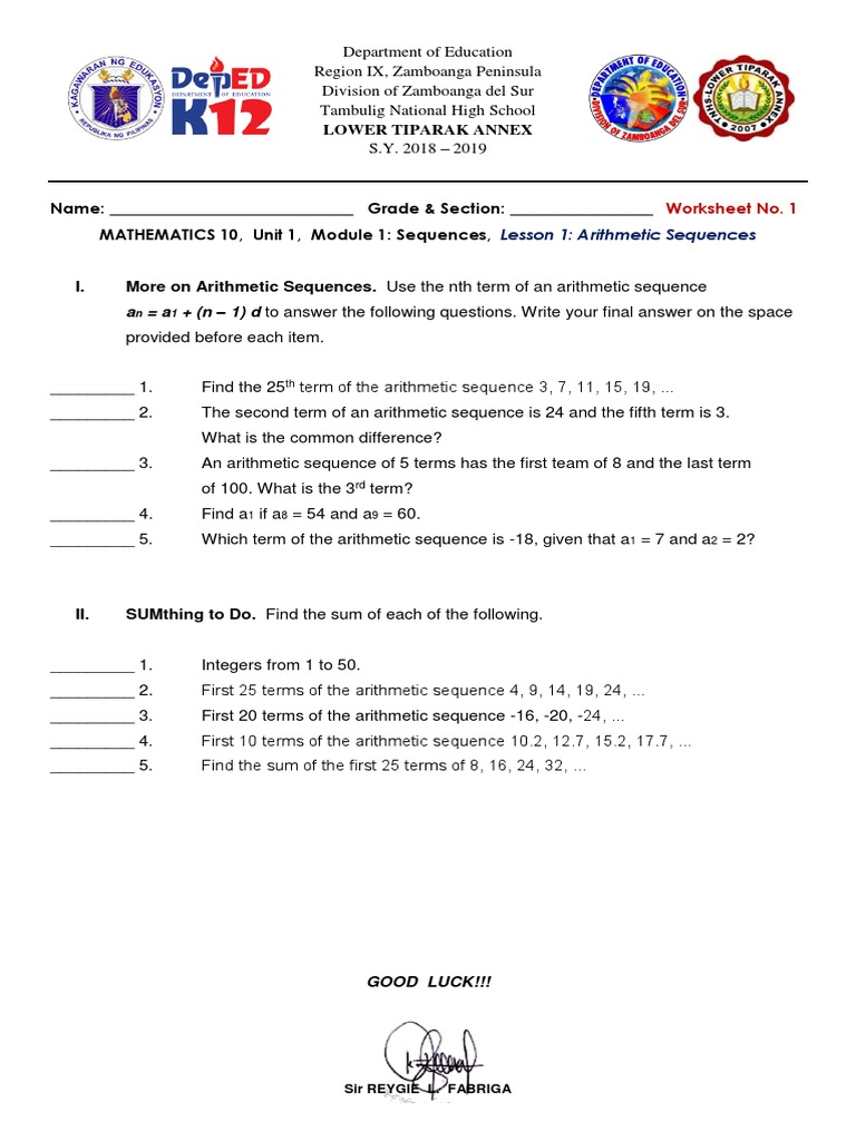 Math 10 Worksheet: Arithmetic Sequences | PDF
