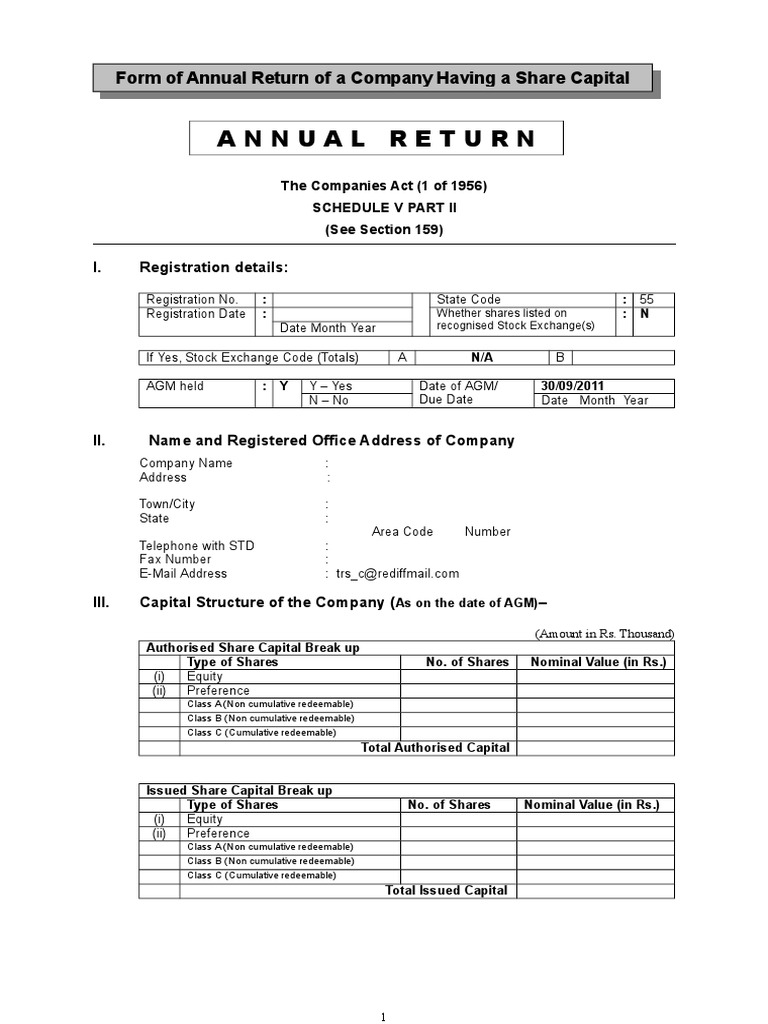 Annual Return: Form of Annual Return of A Company Having A Share ...