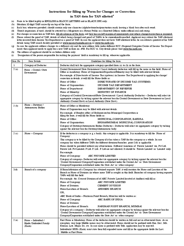 Instructions For Filling Up 'Form For Changes or Correction in TAN Data ...