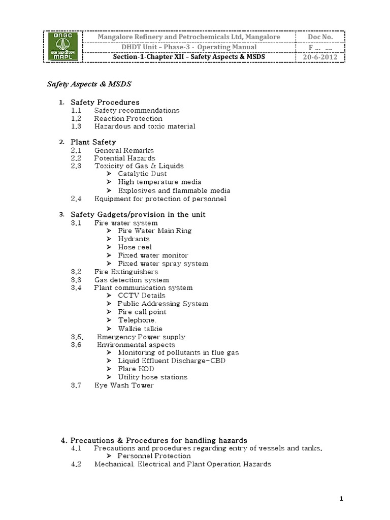 Section 1 Chapter XII Safety Aspects & MSDS Printed | PDF | Carbon ...