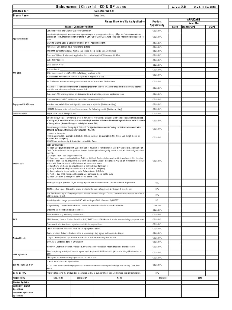 Consumer Durable Loans - Disbursement Checklist - Version 2.0 ...