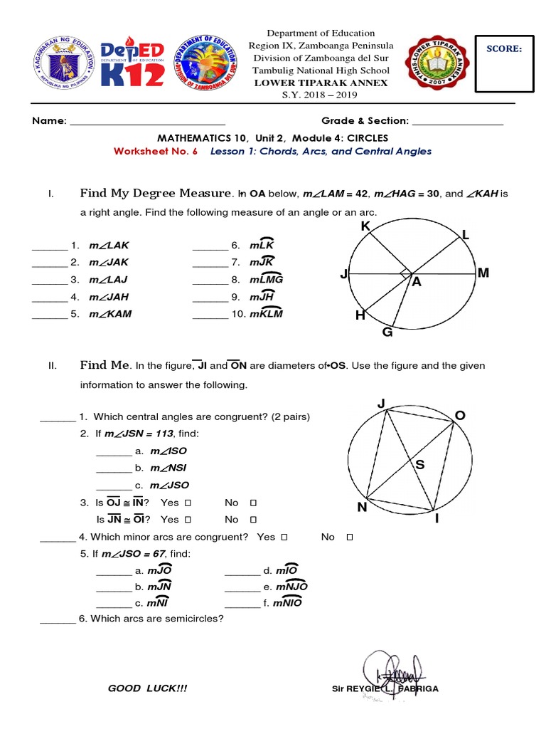 Central Angles and Arcs Worksheet | PDF | Rotation | Space