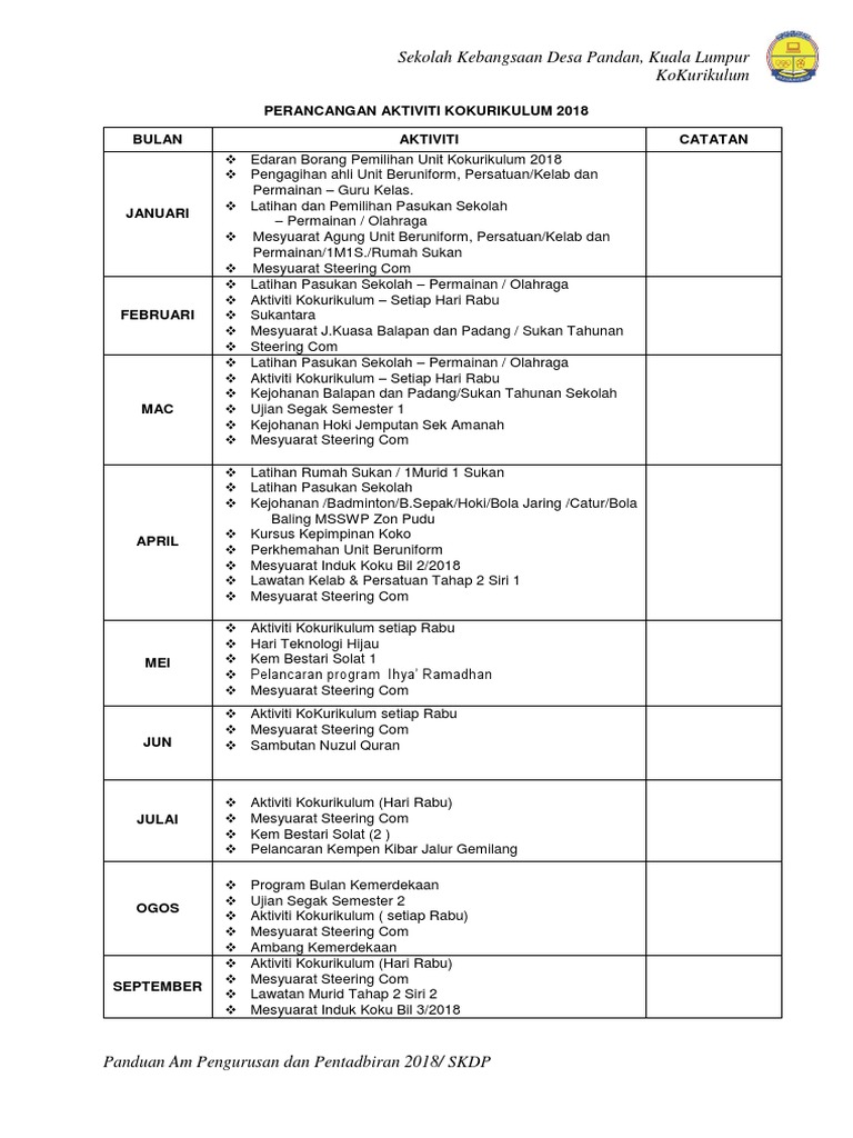 Perancangan Aktiviti Kokurikulum 2018 | PDF