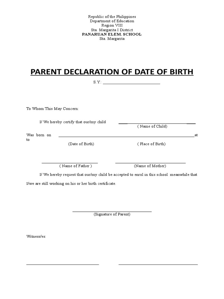 Parent Declaration of Child's Birth Date | PDF | Social Science | Self ...