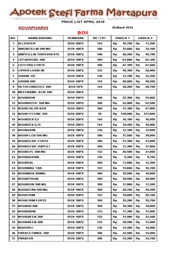 Price List April 2019 (Cust) | PDF | Pharmacology | Organic Compounds