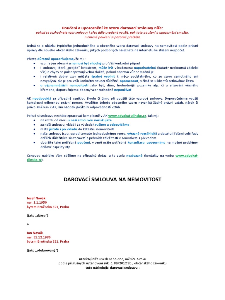 Darovací Smlouva Nemovitost Vzor | PDF