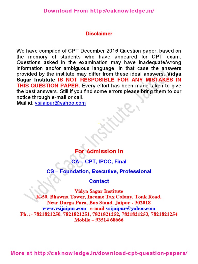 CPT Question Paper December 2016 With Answer Key PDF | PDF | Monopoly ...