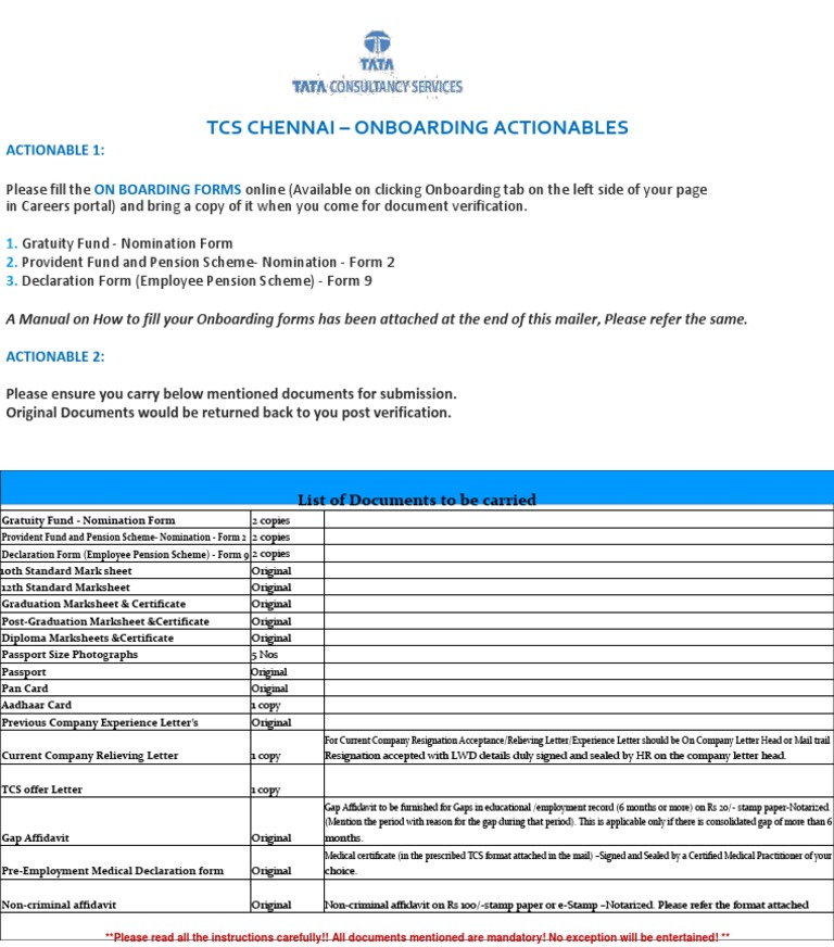 Document Checlist For TCS Induction | PDF | Business